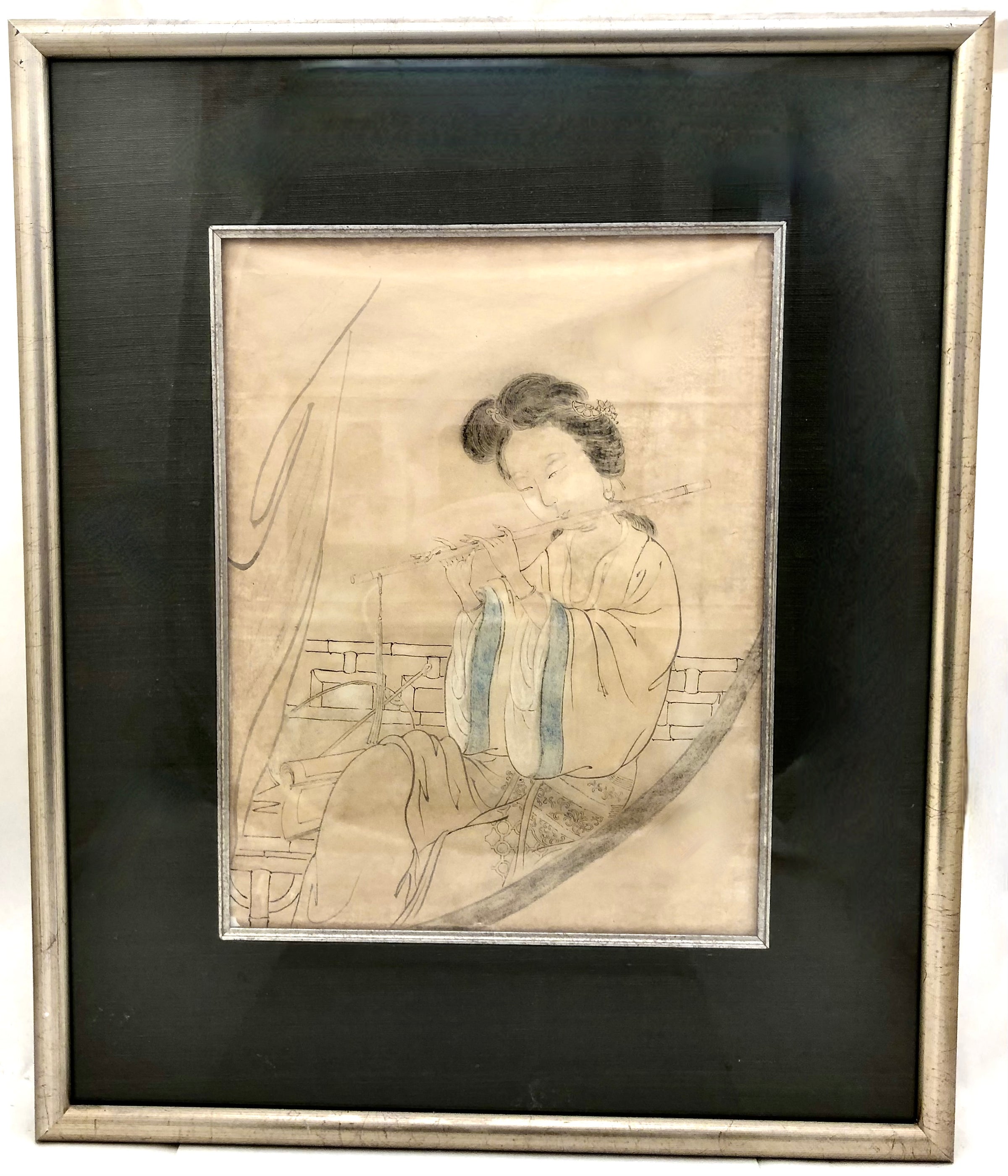 Antique Chinese Ink and Wash Painting of Chinese Girl Playing Flute (D