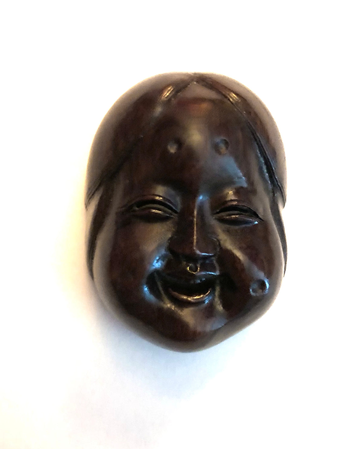 Antique Japanese Meiji Paulownia Wood Mennetsuke Mask of Otafuku