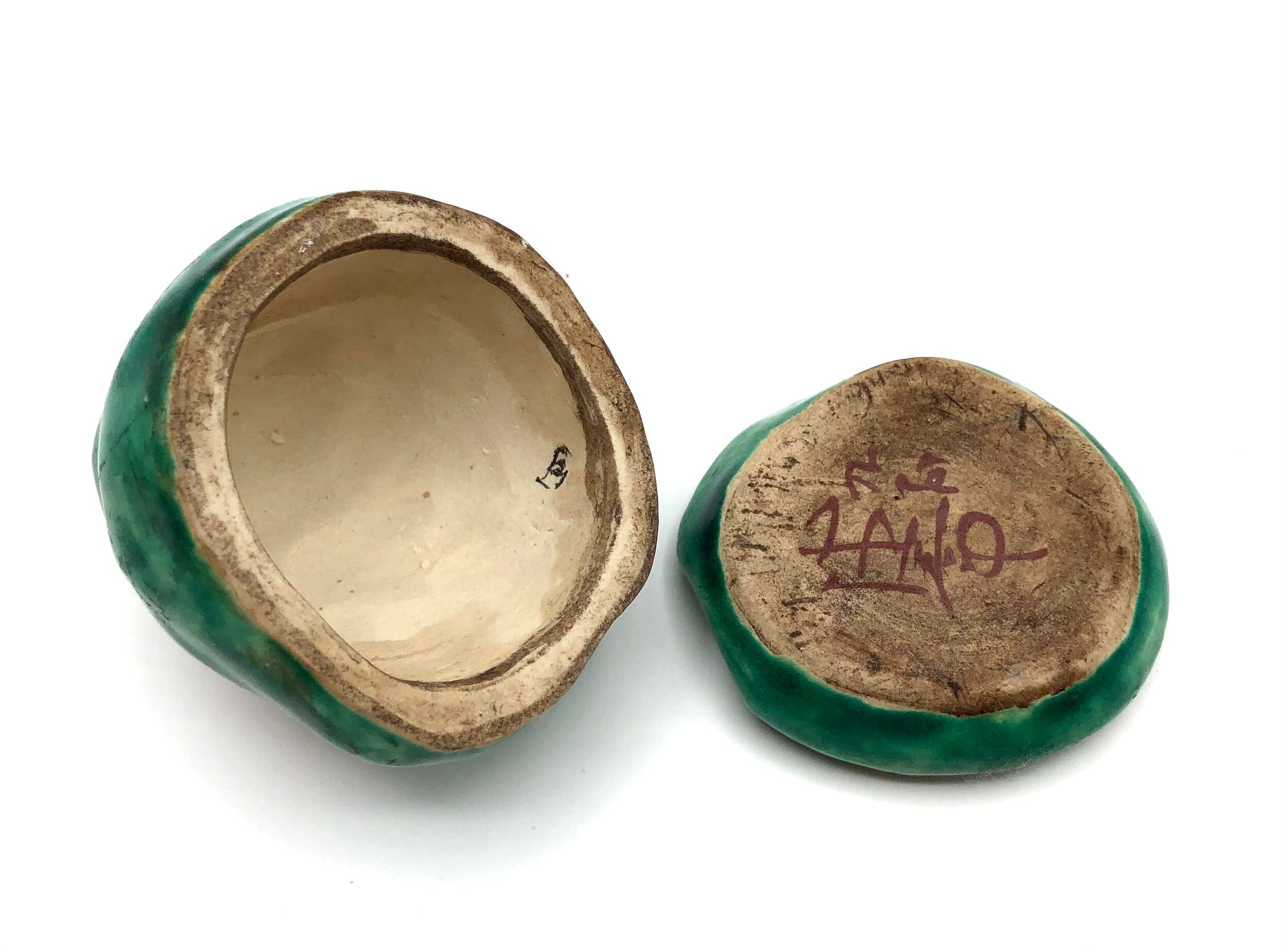 Vintage Japanese Kutani Green Glazed Kogo with the Face of Daruma