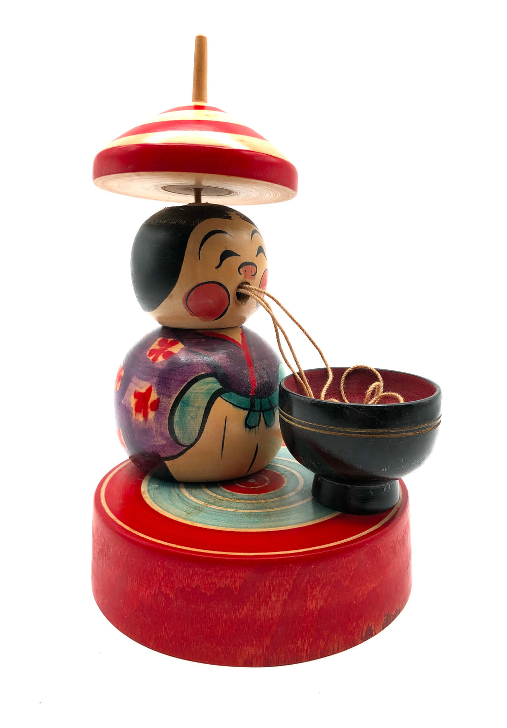 Vintage Japanese Lathe-Turned Wood Noodle Eater Spinning Top by Hiroi,
