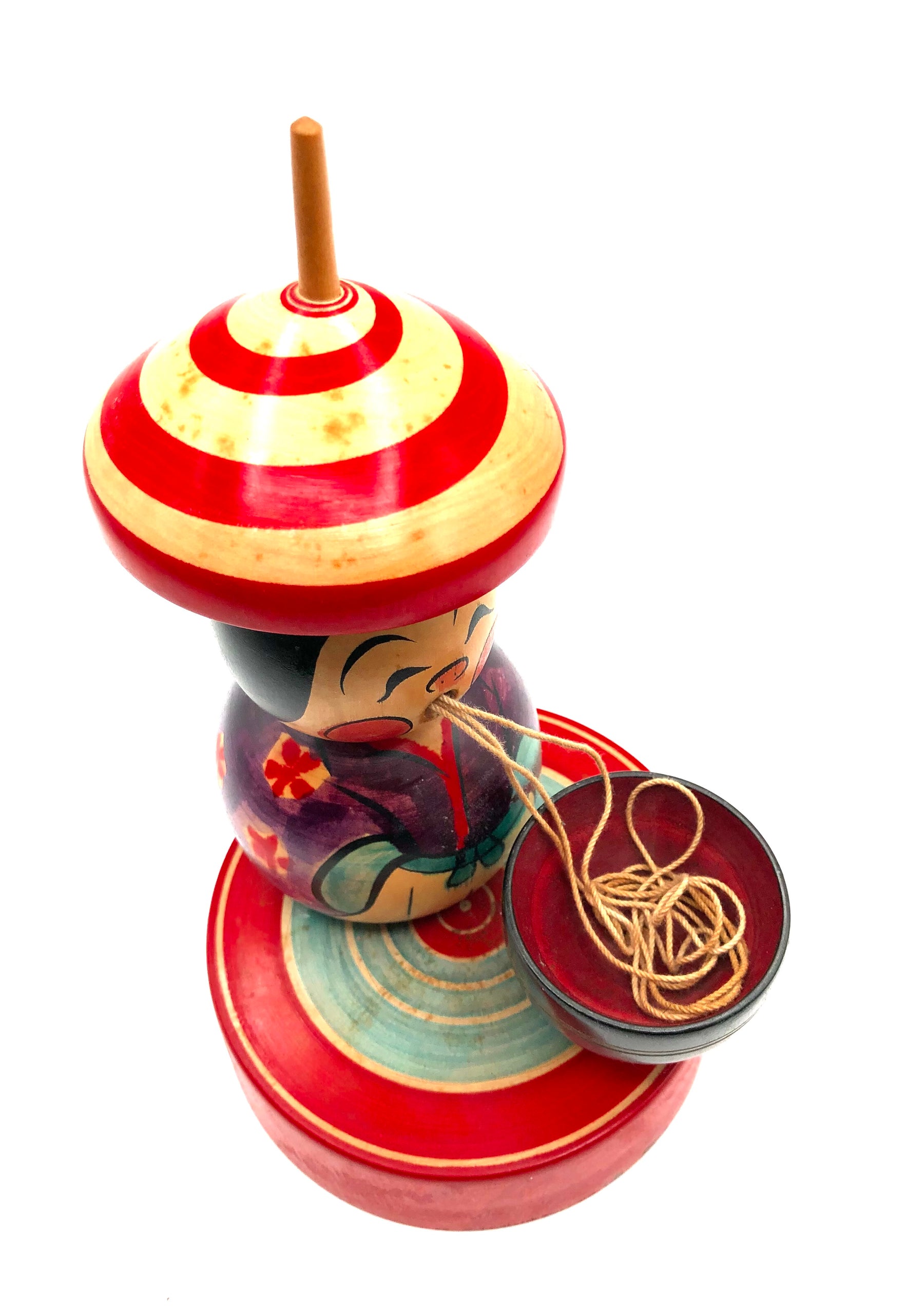 Vintage Japanese Lathe-Turned Wood Noodle Eater Spinning Top by Hiroi,