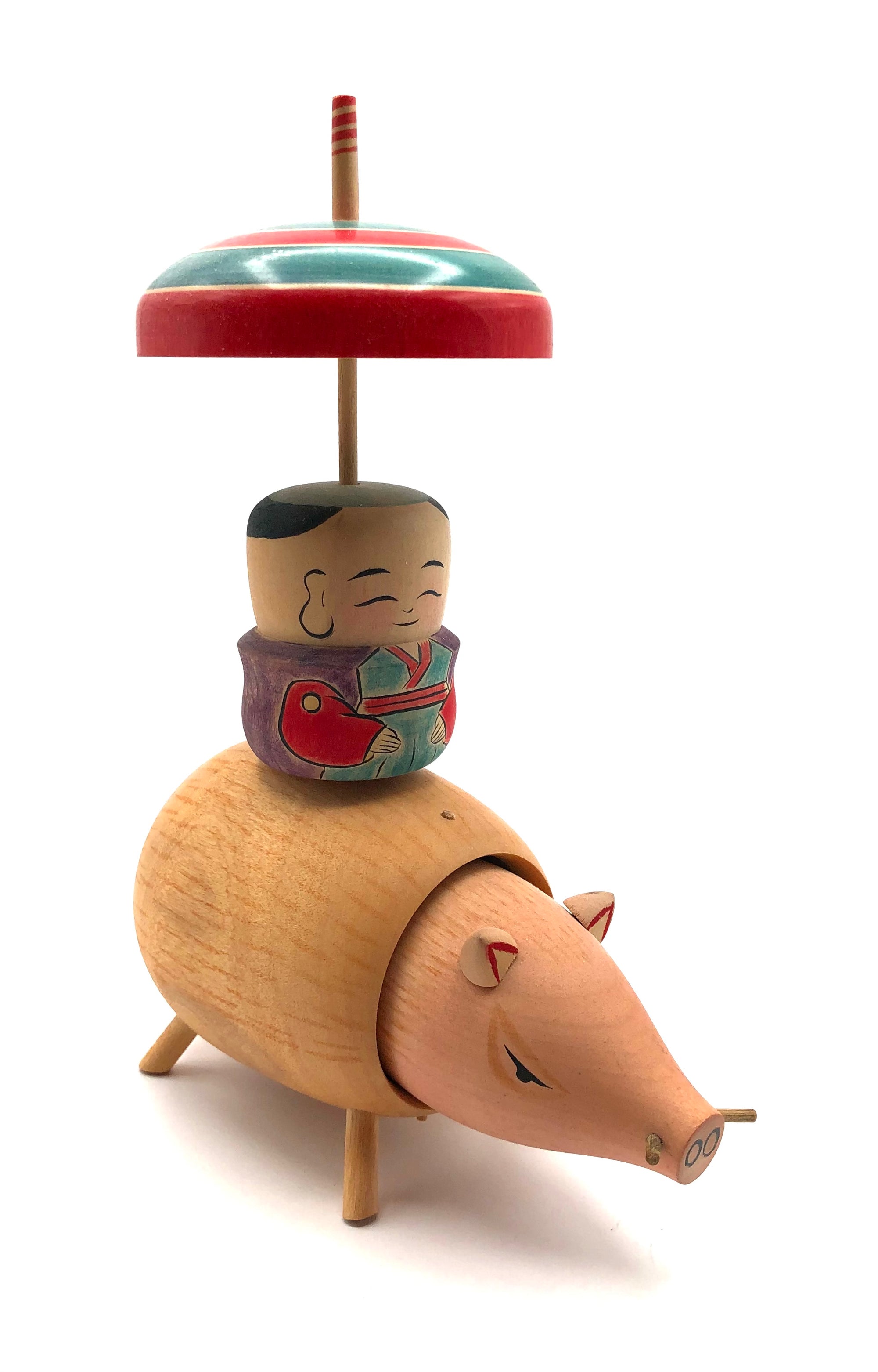 Vintage Japanese Lathe-Turned Young Lord Riding a Boar Spinning Top by