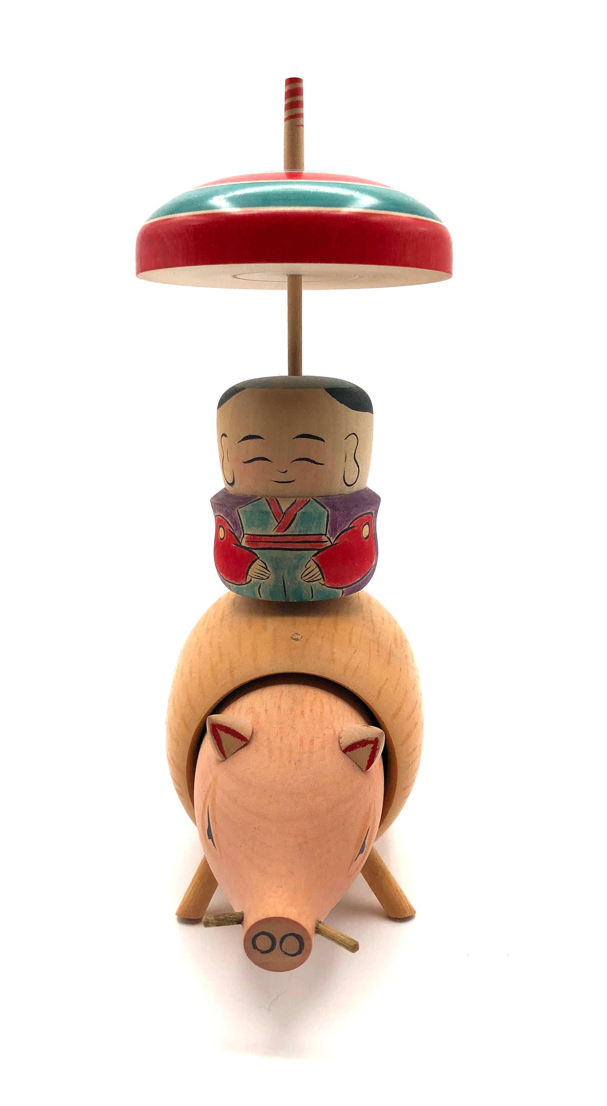 Vintage Japanese Lathe-Turned Young Lord Riding a Boar Spinning Top by