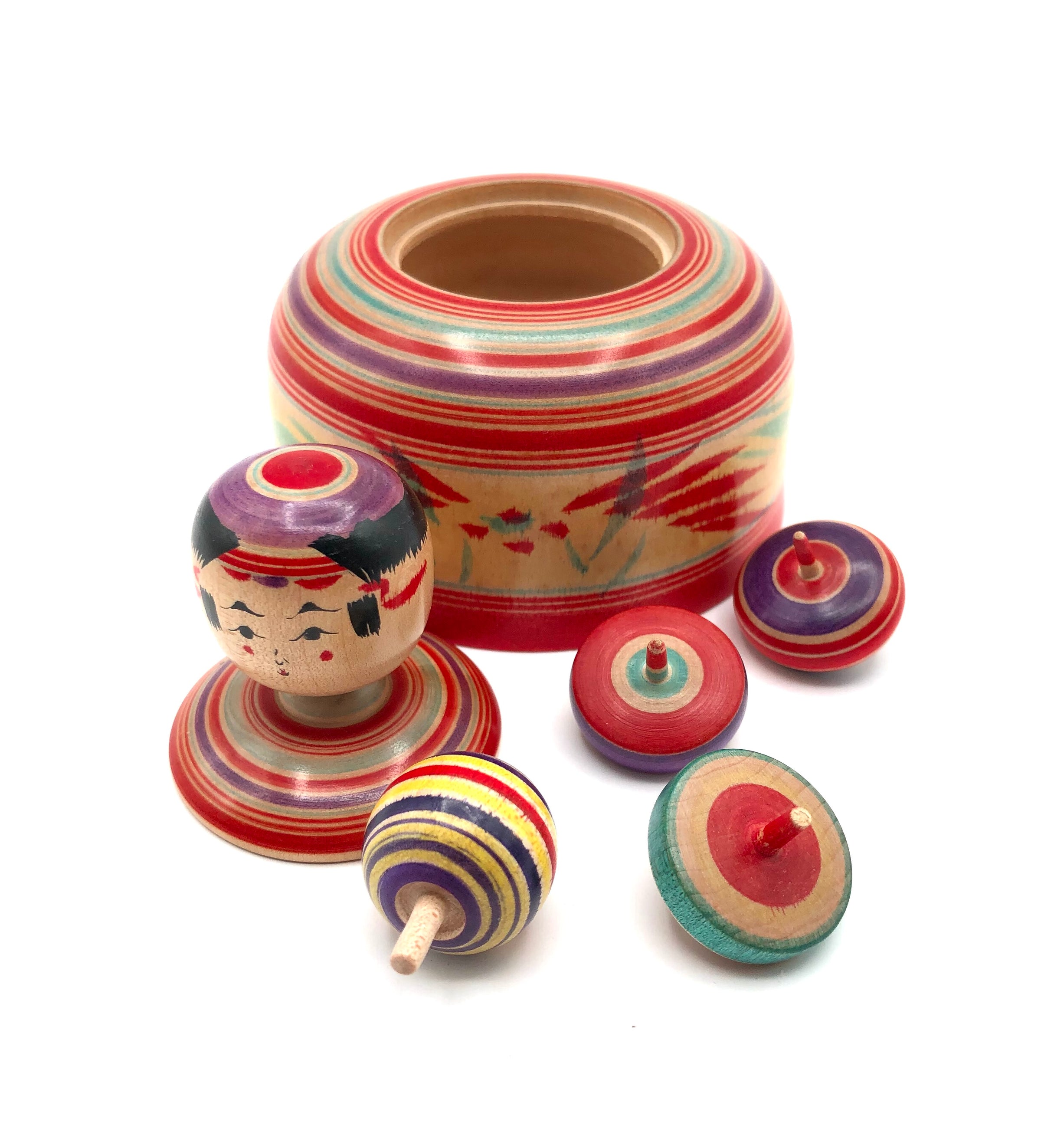 Vintage Japanese Yajirou Ejiko Container with Miniature Spinning Tops