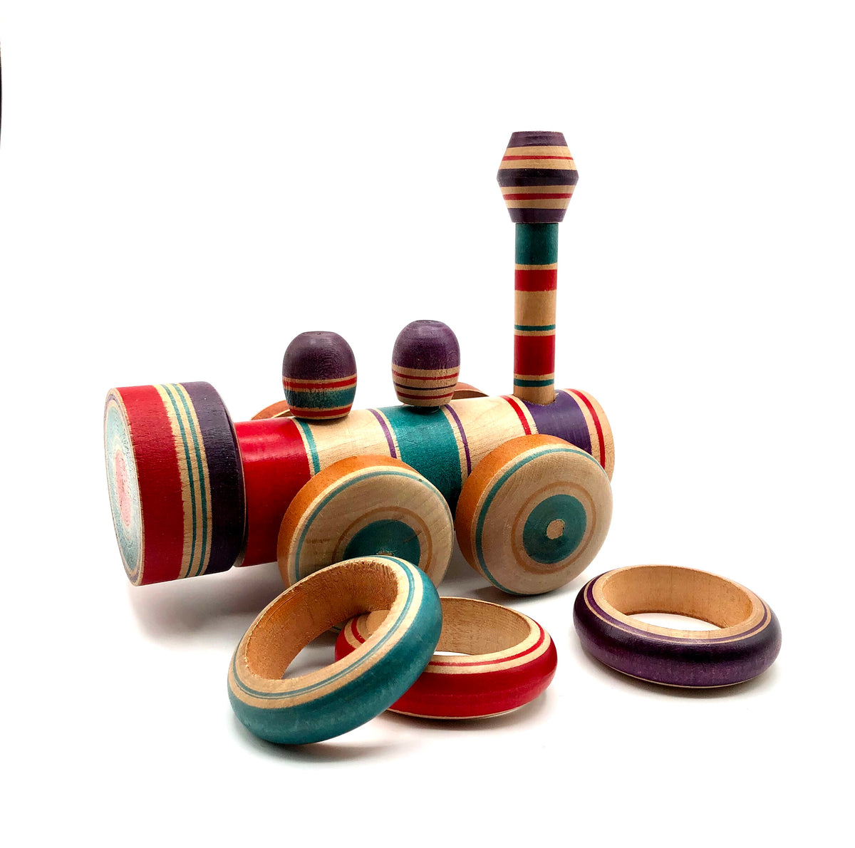 Vintage Japanese Yajirou Wheeled Push Ring Toss Toy Train by Tsuta, Fu